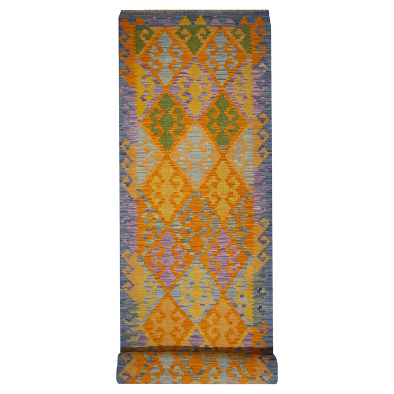 Kilim Rug Hallway Runner Wool Hand-Woven Blue Green Orange Lilac ...