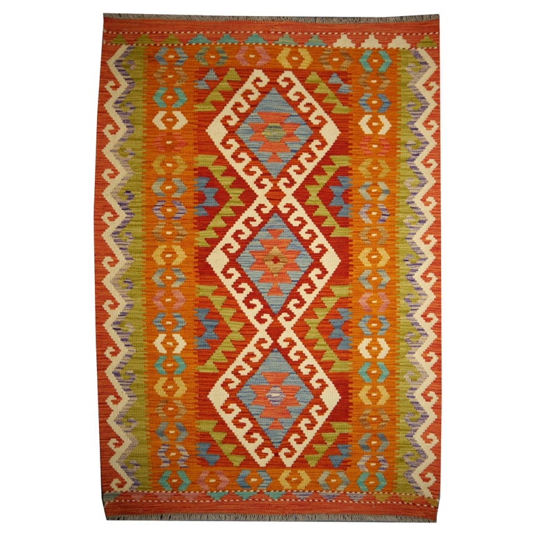 Kilim Rug Tribal Nomad Kelim with Natural Dyes Flat Hand-Woven Diamond ...