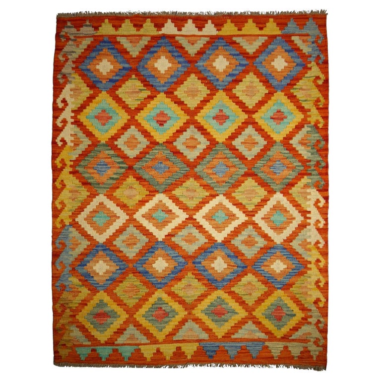 Kilim Rug with Natural Dyes Flat Hand-Woven Tribal Nomad Kelim Diamond ...