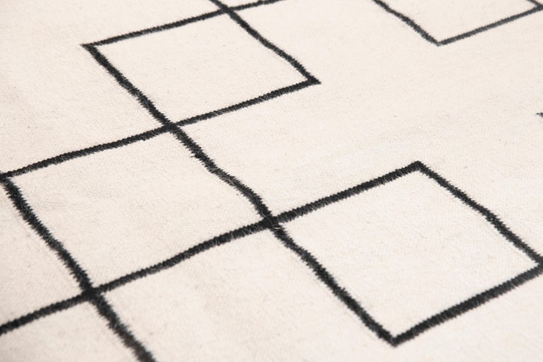 Modern Handwoven Flat-Weave Wool Kilim Rug in Black and White Cross ...