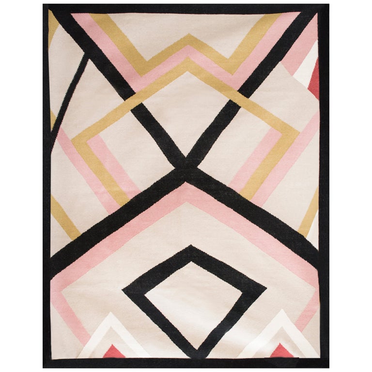 Modern Handwoven Flat-Weave Wool Kilim Rug Pink Black Gold White ...