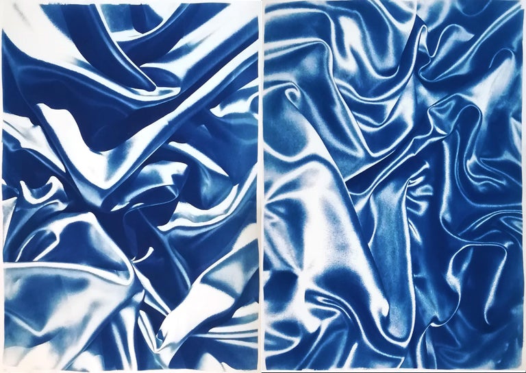 Kind of Cyan - Diptych of Silks, Classic Blue Sensual Shapes, Cyanotype ...