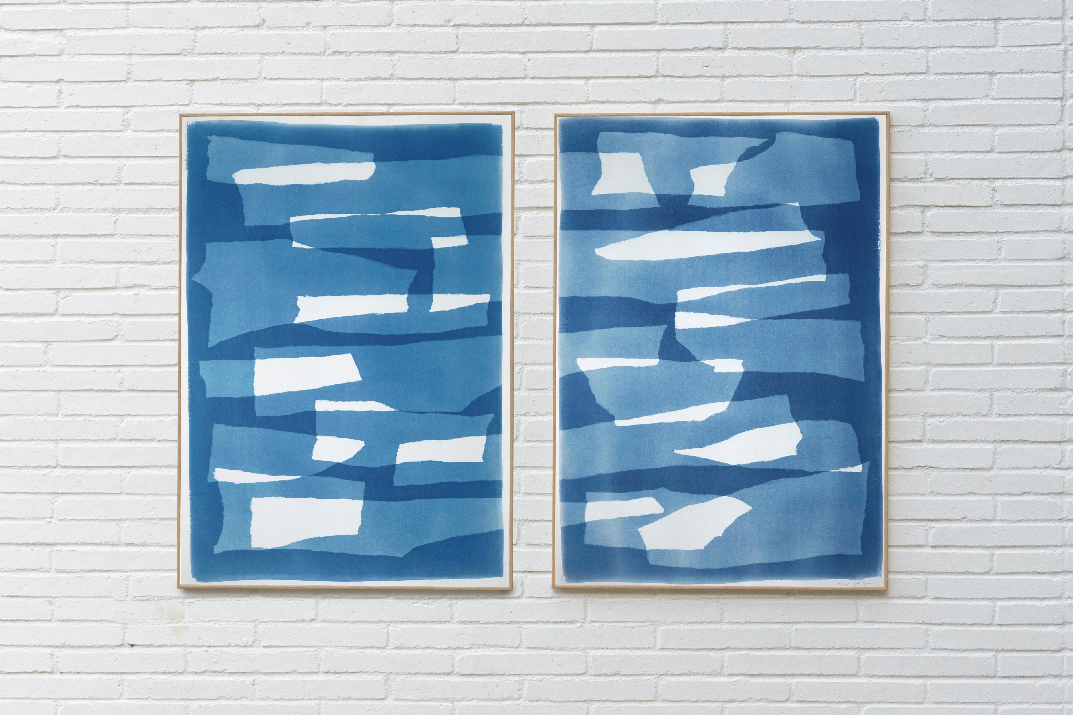 Kind of Cyan - Layered Torn Paper Diptych, White and Blue Unique ...