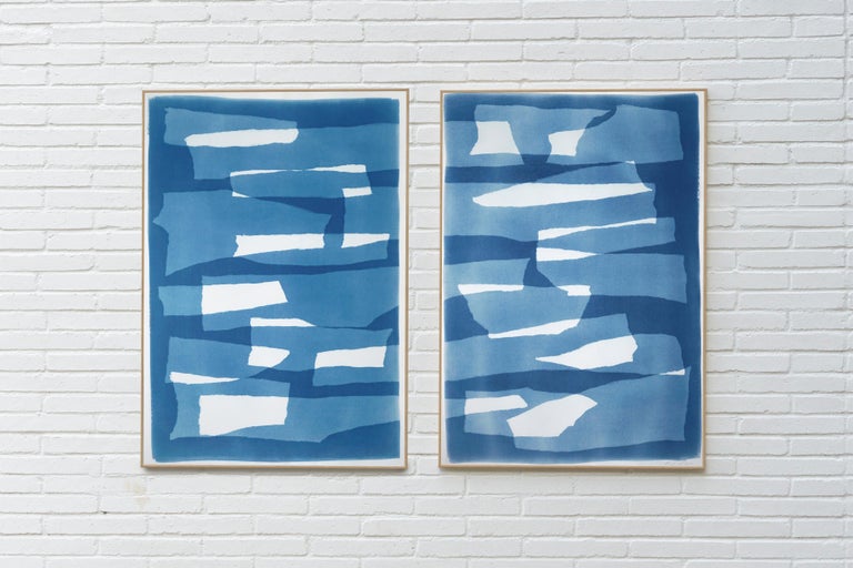 Kind of Cyan - Layered Torn Paper Diptych, White and Blue Unique Monotype, Abstract Ripped ...