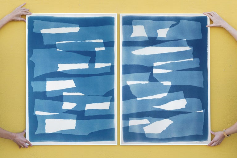 Kind of Cyan - Layered Torn Paper Diptych, White and Blue Unique ...