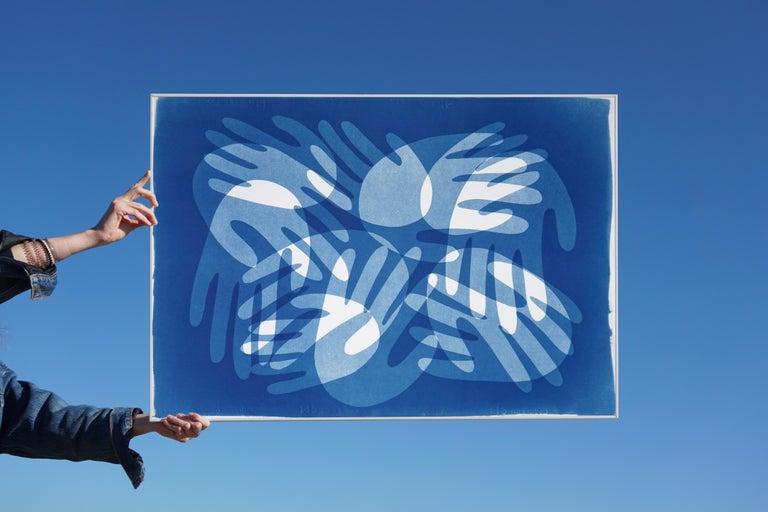 Kind of Cyan - Poppy Cool Hand Stack, Modern Monotype in Blue on Paper ...