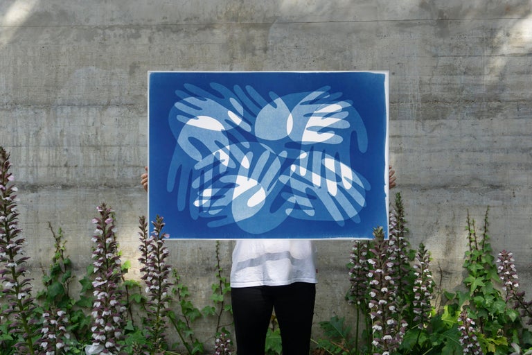 Kind of Cyan - Poppy Cool Hand Stack, Modern Monotype in Blue on Paper ...