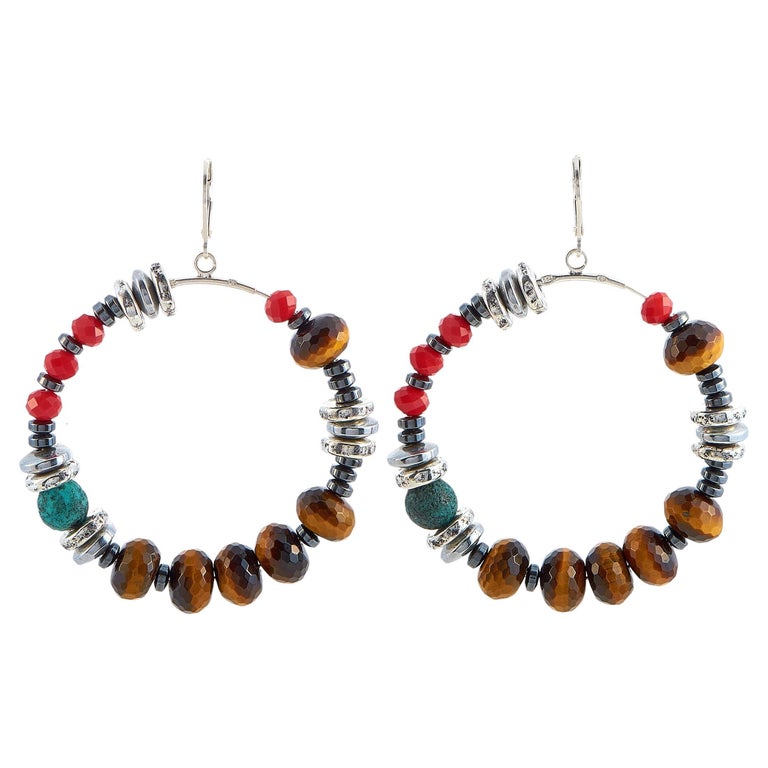 King Baby Silver Ceramic, Hematite and Czech Glass Bead Hoop Earrings ...
