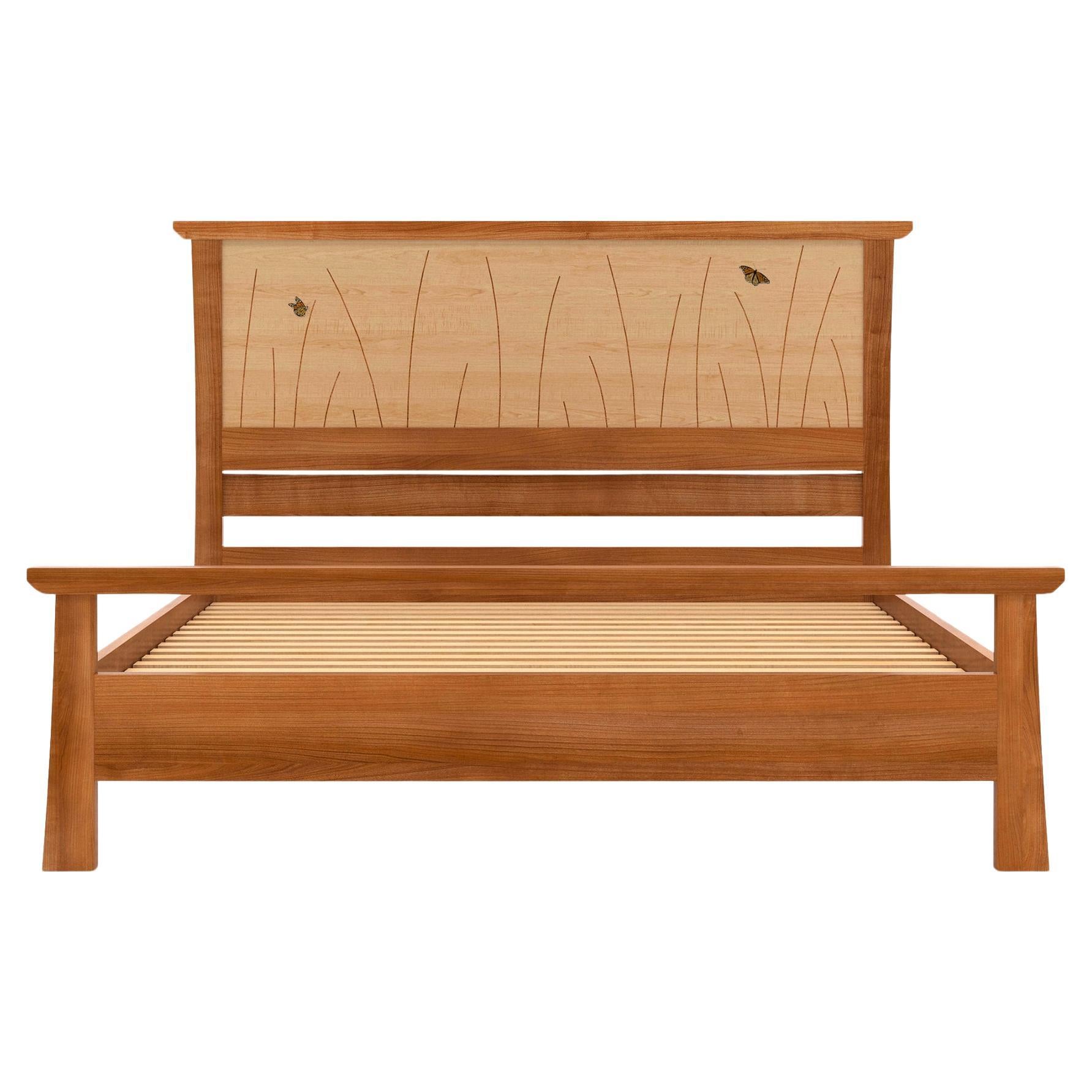 King Bed Frame, Handmade In Cherry and Maple With Butterfly Inlays For ...