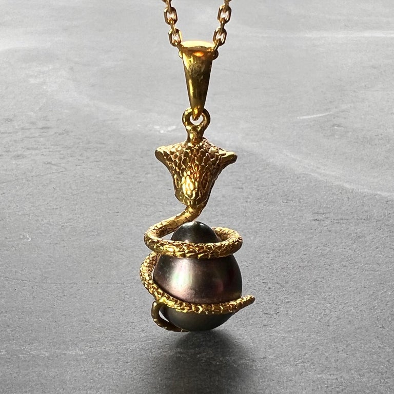 King Cobra Serpent Snake 18K Yellow Gold Tahitian Black Pearl Pendant ...