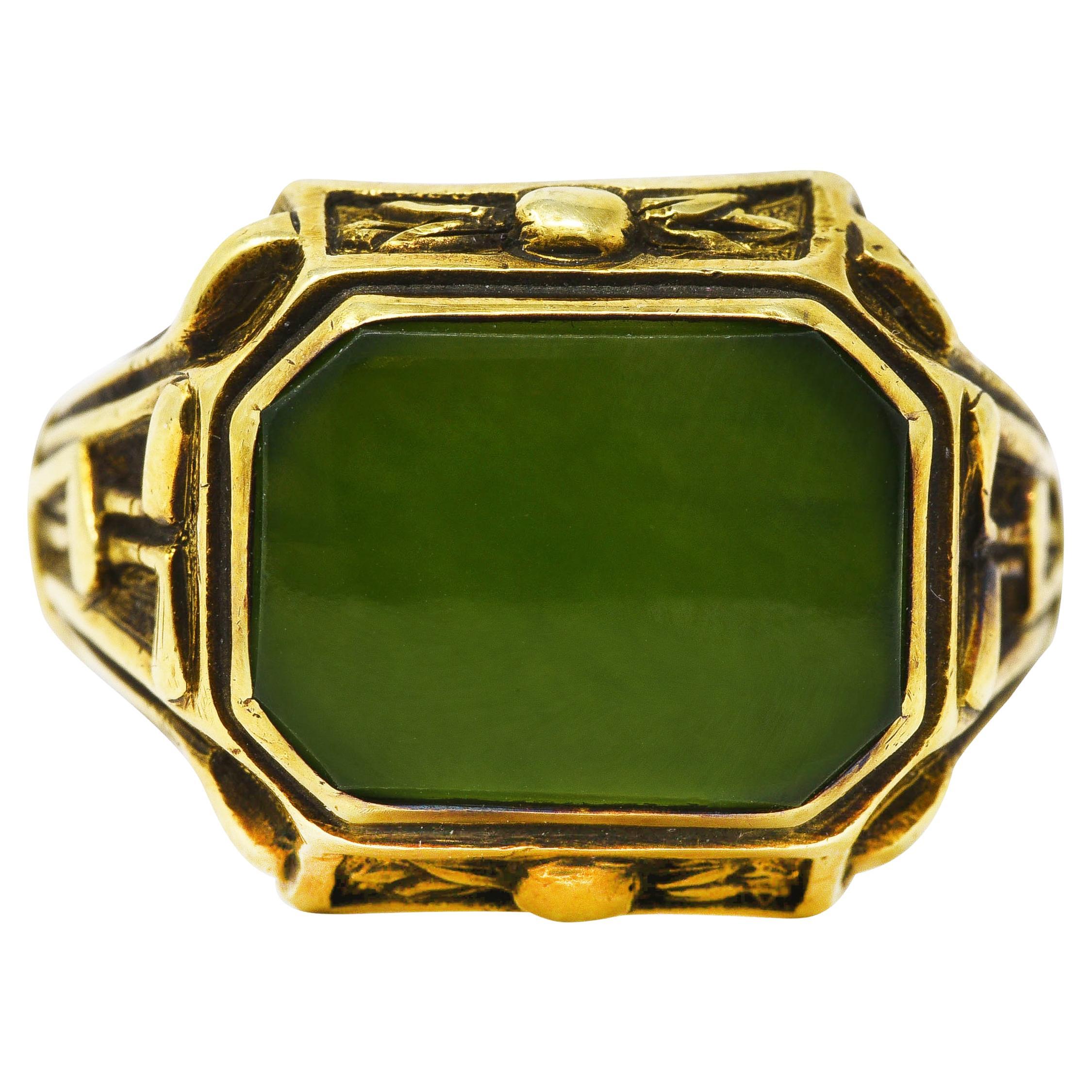 Robust Victorian 14 Karat Gold Crane Heraldry Unisex Signet Ring at 1stDibs
