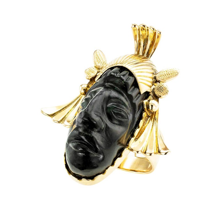 King Pakal Figural Carving Gold Ring For Sale at 1stDibs