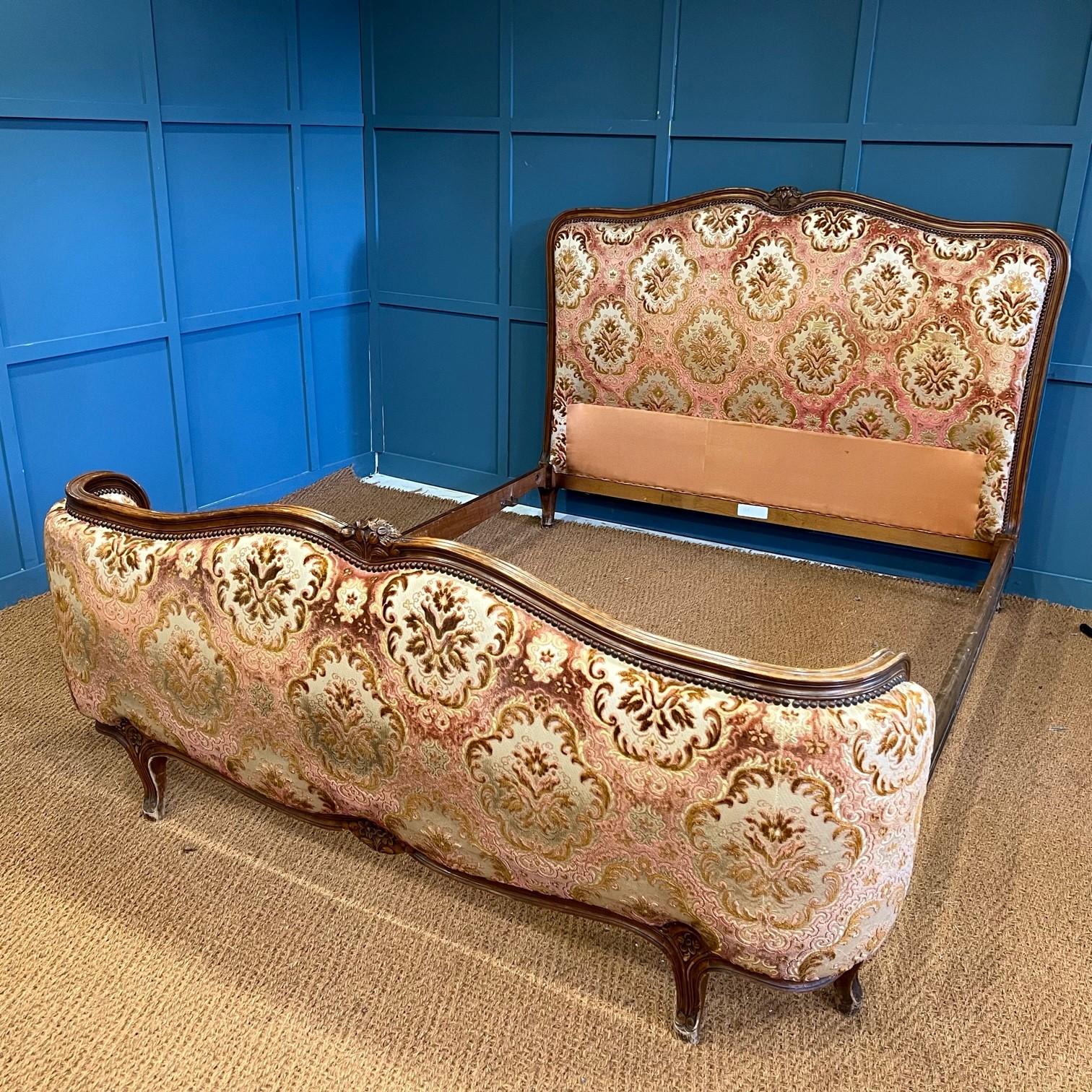 Kingsize Antique French Upholstered Demi Corbeille Bed For Sale at 1stDibs