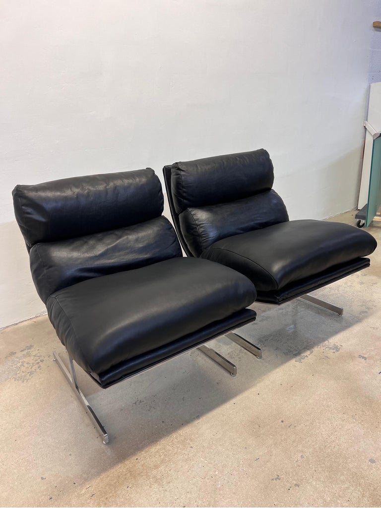 Kipp Stewart Black Leather and Chrome Arc Lounge Chairs for Directional ...