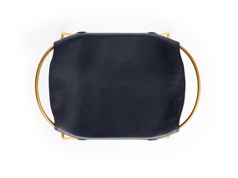 Kitchen Counter Stool Aged Brass Steel and Navy Leather Contemporary ...