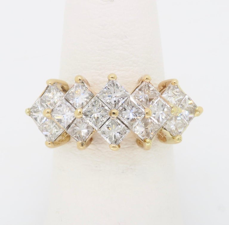 Kite Set Princess Cut Three Row Diamond Ring For Sale at 1stDibs