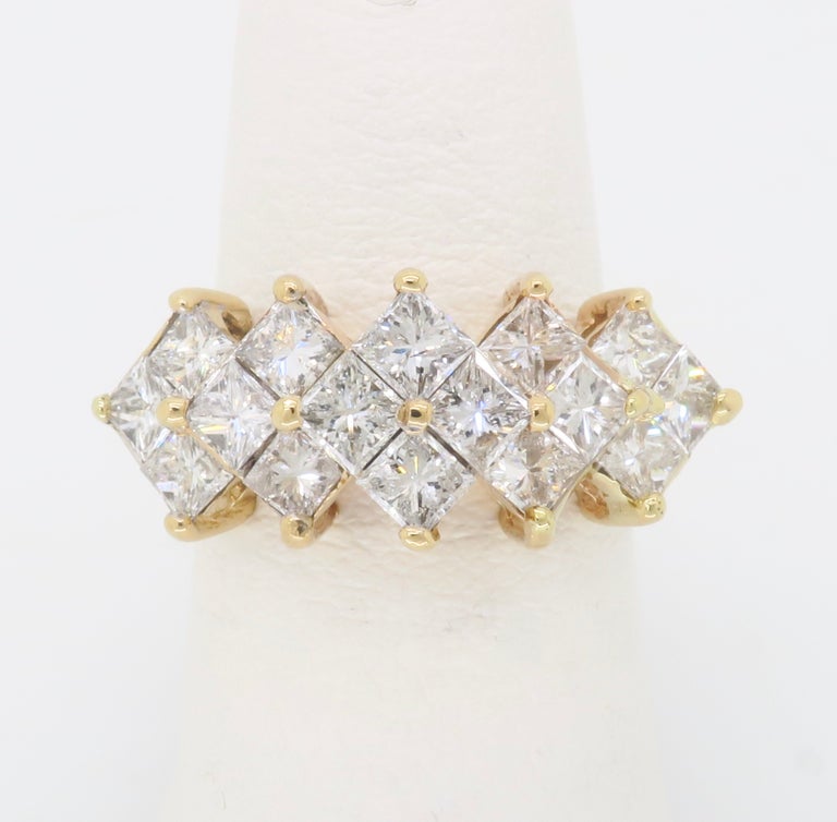 Kite Set Princess Cut Three Row Diamond Ring For Sale at 1stDibs