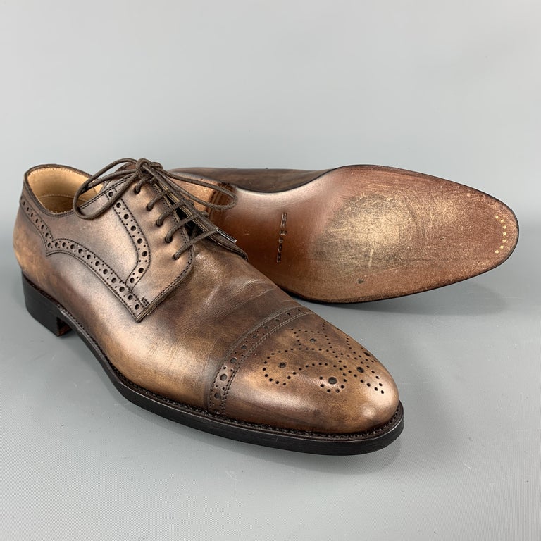 KITON Size 9 Brown Antique Effect Leather Cap Toe Lace Up Brogues For ...