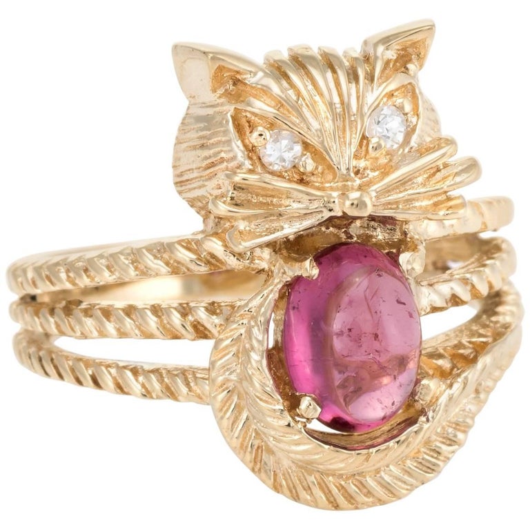 Kitty Cat Animal 14 Karat Yellow Gold Ring Pink Tourmaline at 1stDibs ...