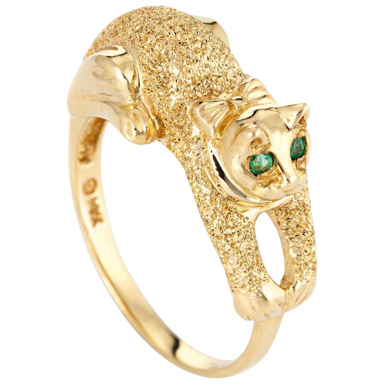 Kitty Cat Ring Emerald Eyes Estate 14 Karat Yellow Gold Fine Animal ...