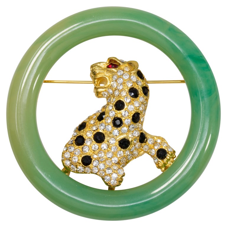 KJL Kenneth Jay Lane Art Deco Faux Jade Jeweled Leopard Cat Pin Brooch ...