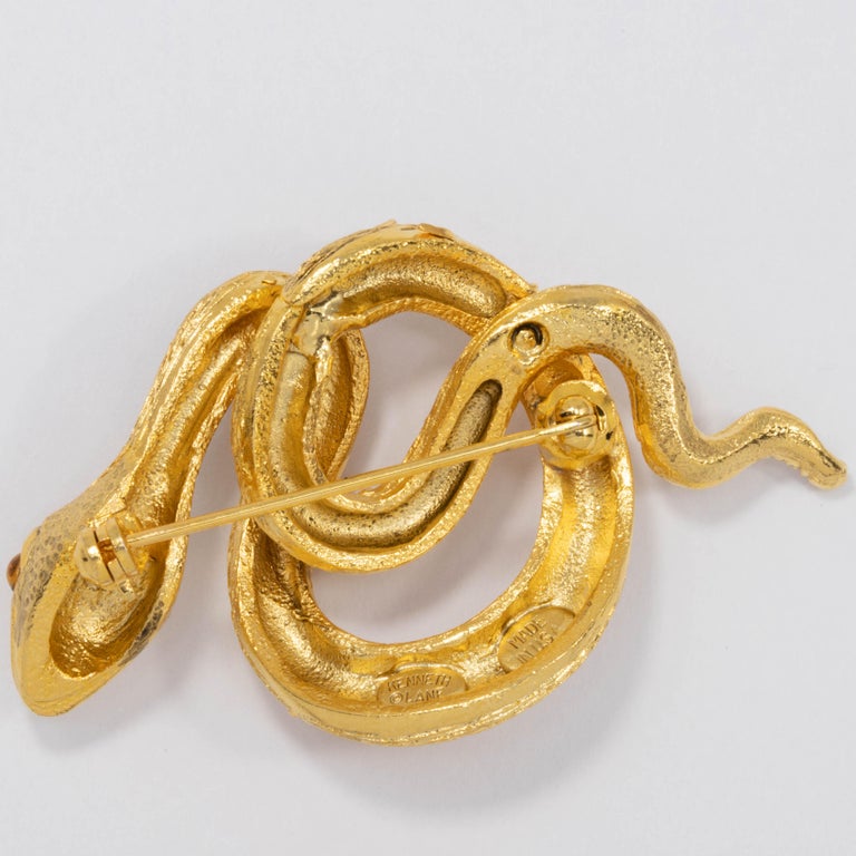 KJL Kenneth Jay Lane Crystal Gold Snake Pin with Coral Cabochons at 1stDibs