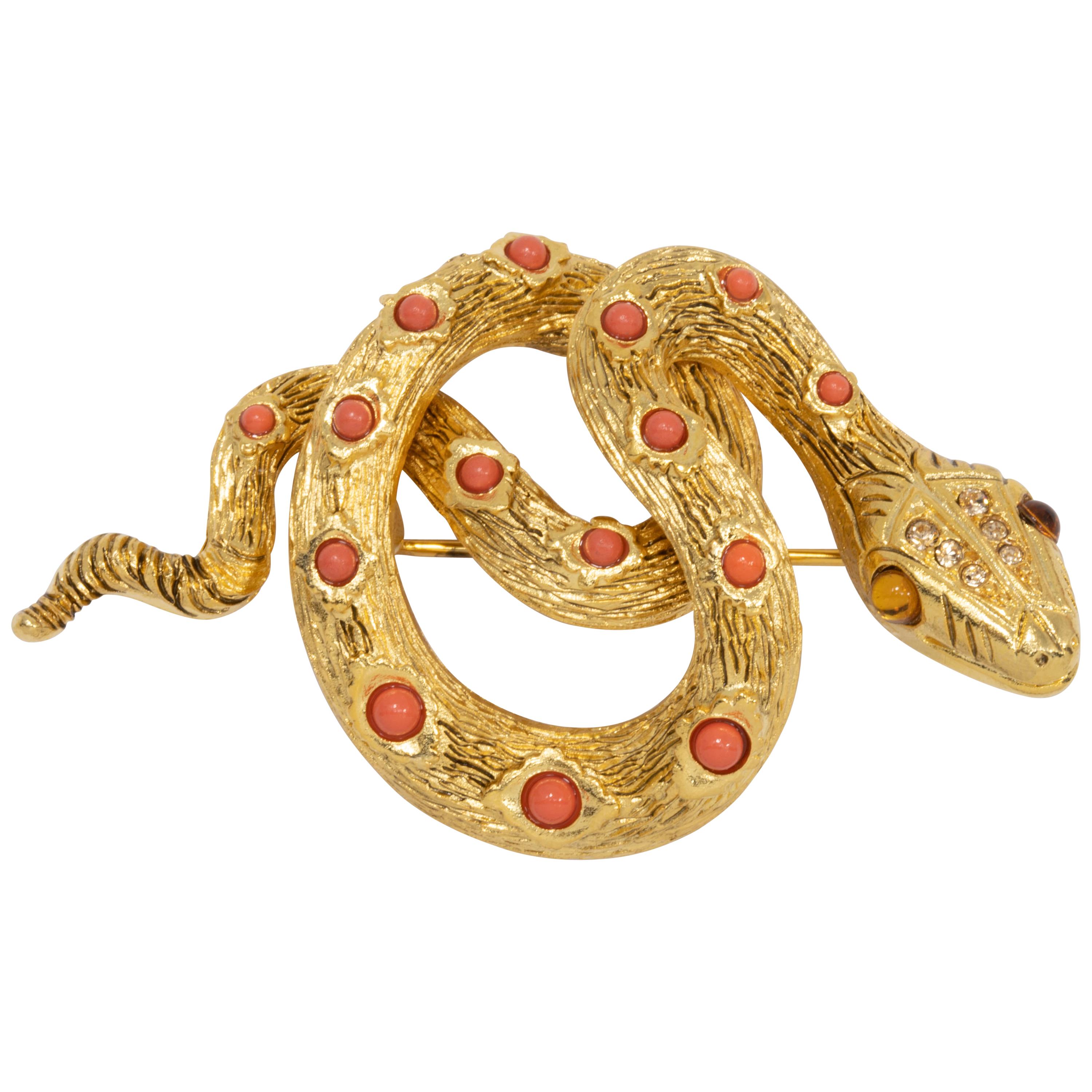 KJL Kenneth Jay Lane Crystal Gold Snake Pin with Coral Cabochons at 1stDibs
