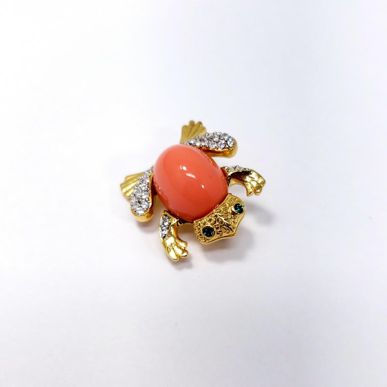 KJL Kenneth Jay Lane Embellished Coral Cabochon Frog Pin Brooch in Gold ...