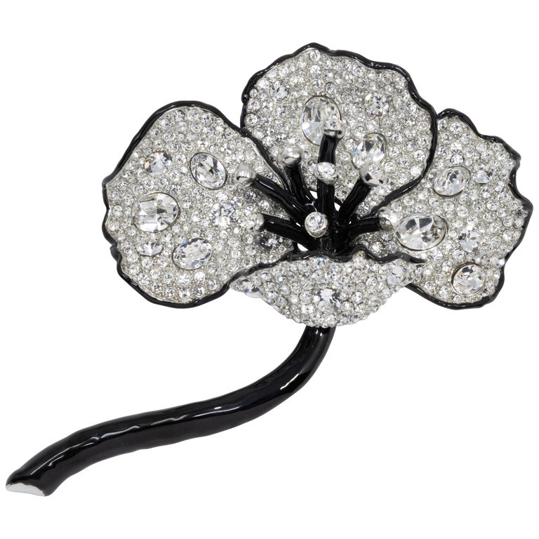 KJL Kenneth Jay Lane Long Stem Big Pave Crystal Flower Pin Brooch ...