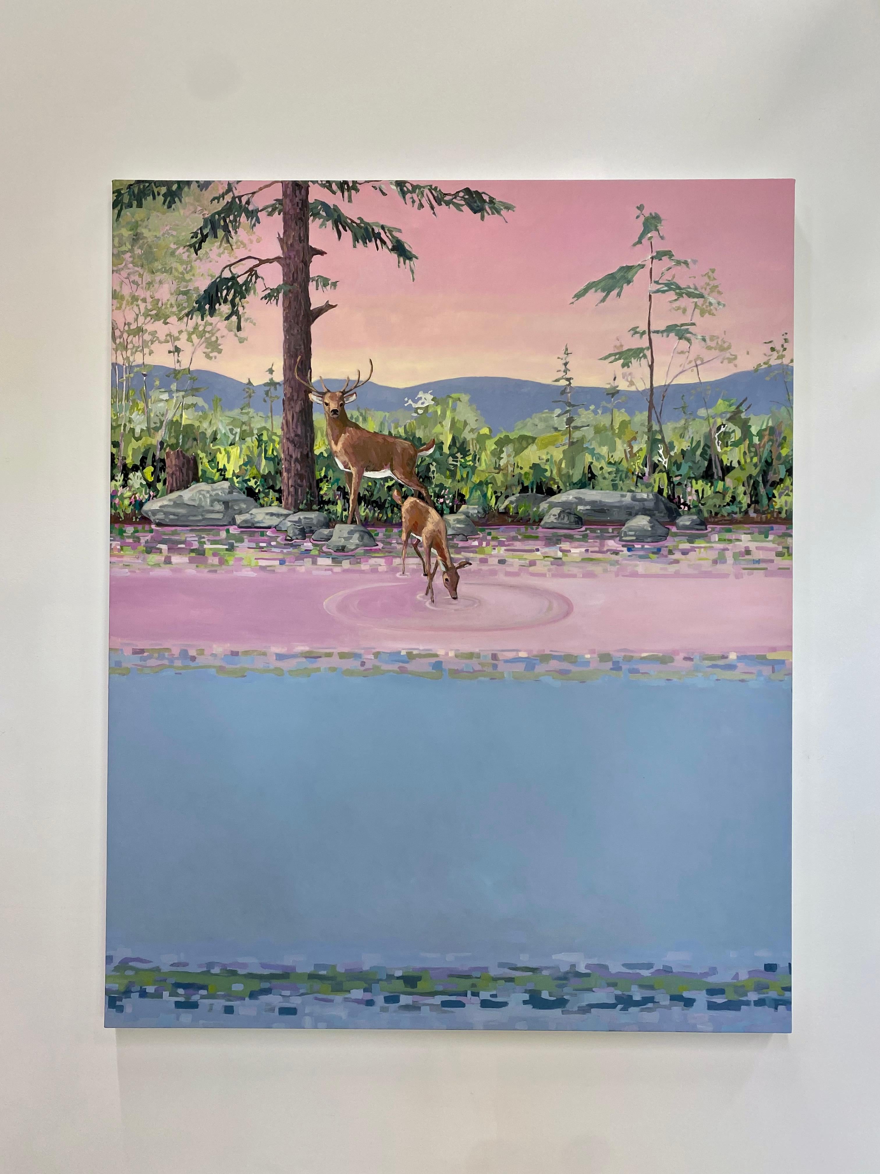 KK Kozik - Pink Doe and Stag, Lake Landscape, Two Deer, Pink, Blue ...