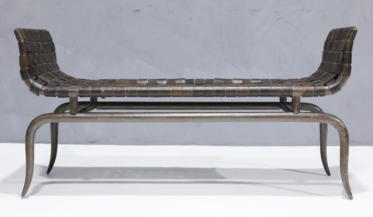 Klismos Style Leg Metal and Woven Leather Bench For Sale at 1stDibs