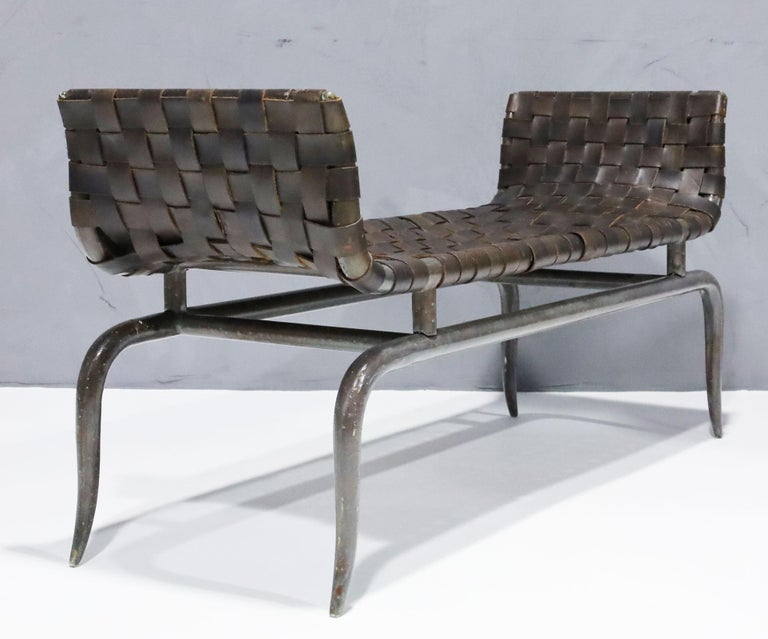 Klismos Style Leg Metal and Woven Leather Bench For Sale at 1stDibs