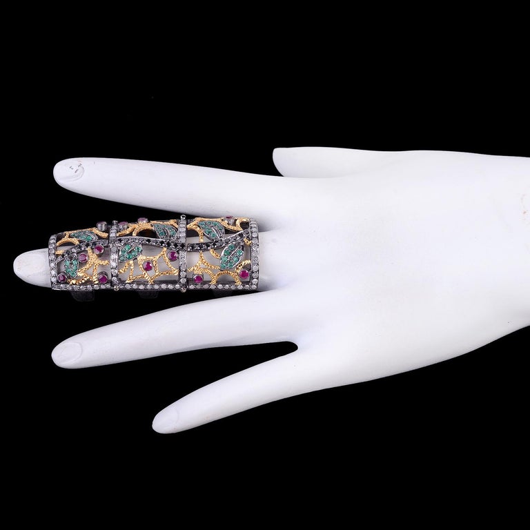 Knuckle Ring with Pave Seting of Ruby, Emerald and Diamonds in 18k Gold ...