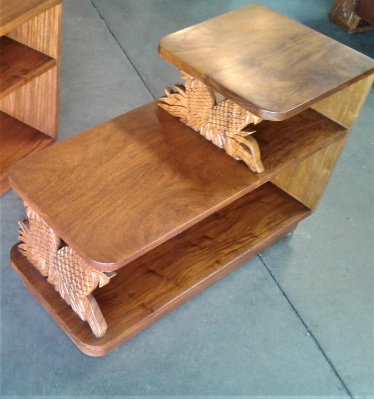 Pair of 2 Tiered Hand Carved Koa Wood End Tables Tiki at 1stDibs