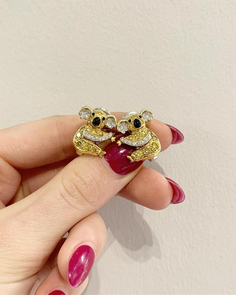 Yellow Diamond and Onyx Koala Clip On Earrings For Sale at 1stdibs