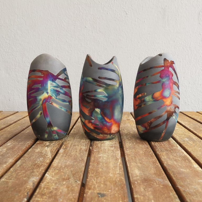 Koi 3 Pack Raku Pottery Vase - Carbon H.C Matte - Handmade Ceramic Home ...