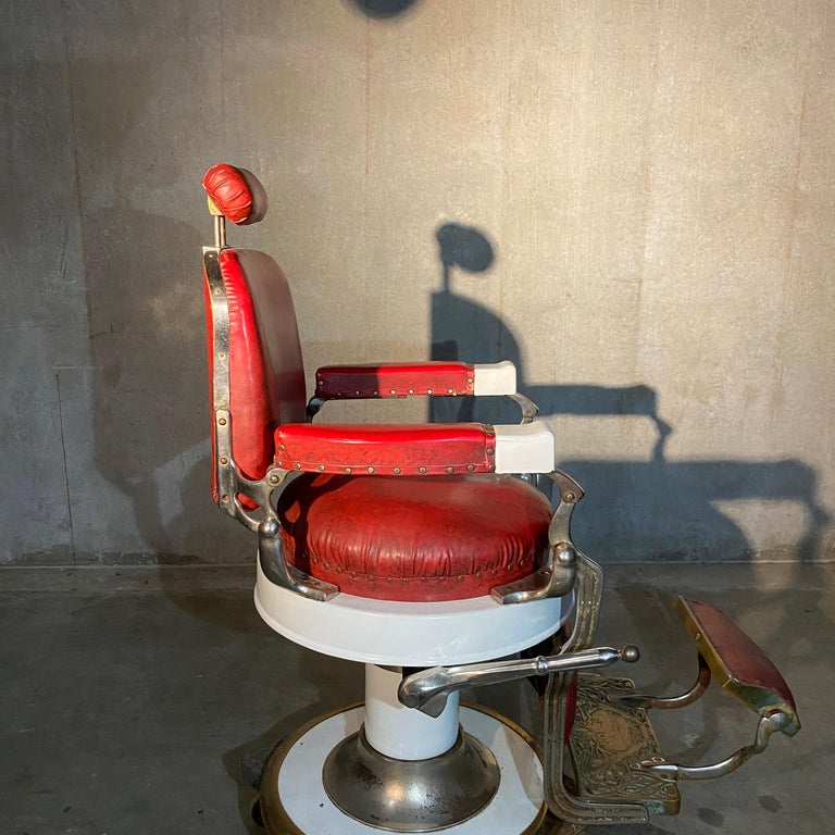 Koken original Red Vinyl and White Enameled Cast Iron Barber Chair For ...