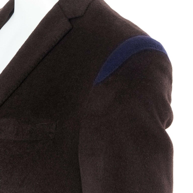 KOLOR dark brown navy blue duo-colour constructed panels tailored long ...