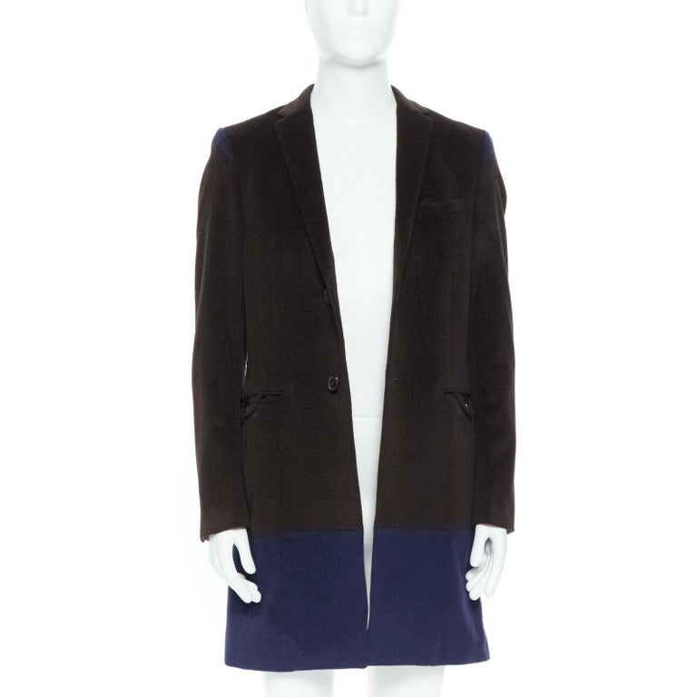 KOLOR dark brown navy blue duo-colour constructed panels tailored long ...