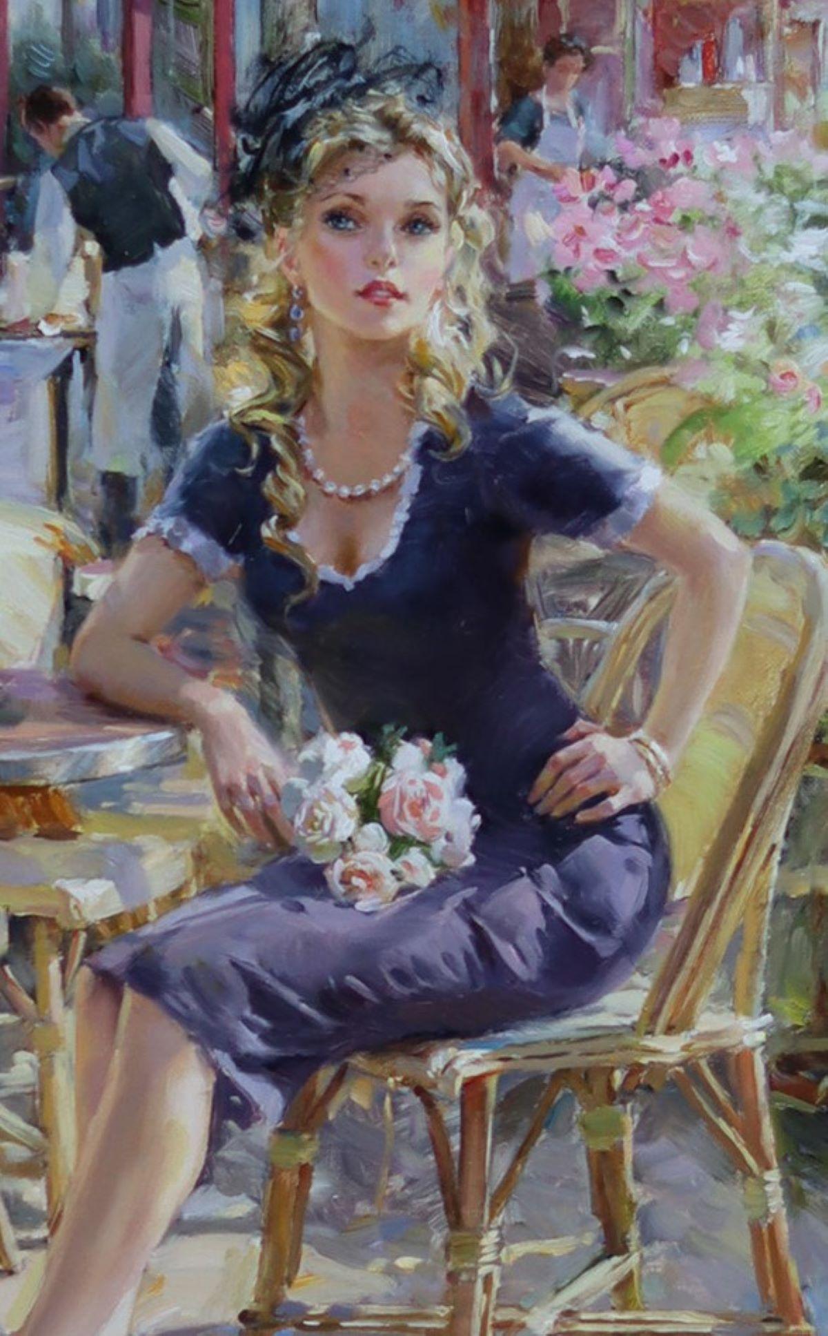 Konstantin Razumov - Elegant Young Lady in a Blue Dress, Seated at a Parisian Café For Sale at ...