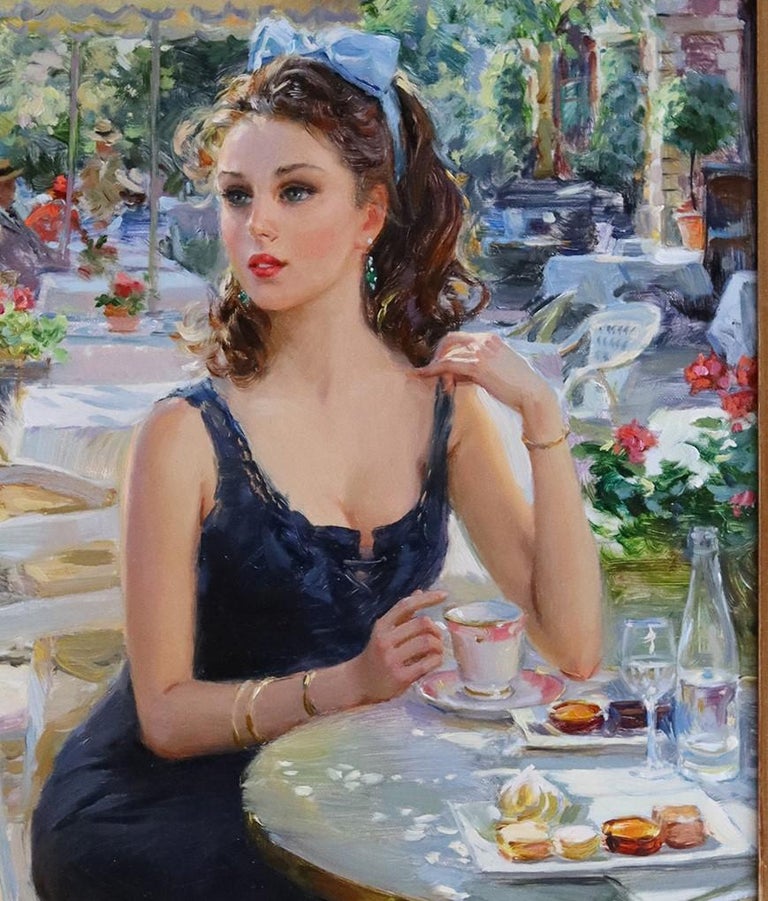 Konstantin Razumov - Lady in a blue dress, seated at a Paris café For Sale at 1stDibs