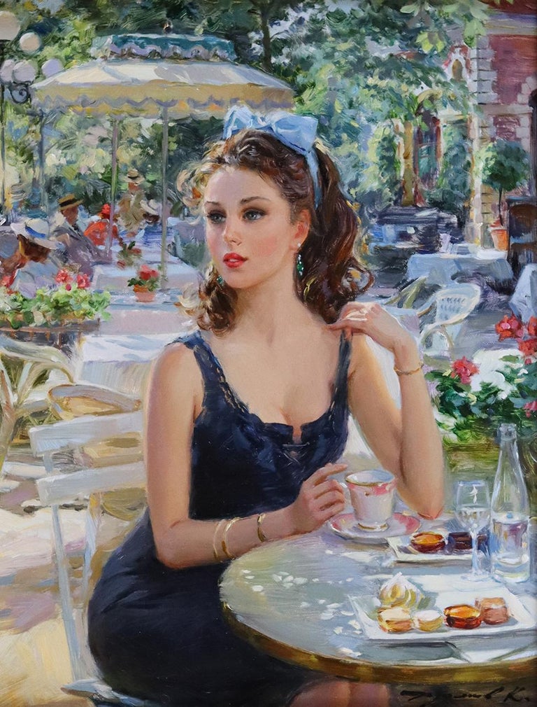 Konstantin Razumov - Lady in a blue dress, seated at a Paris café For Sale at 1stDibs