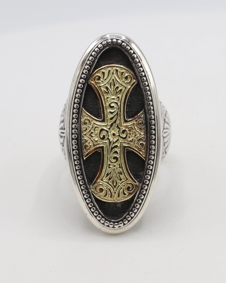 Konstantino Classics Large Oval Cross Silver and Gold Cocktail Ring at 1stDibs
