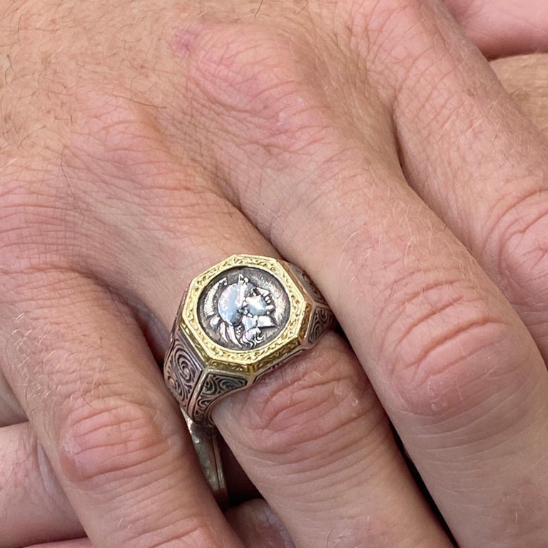 Konstantino Greek Coin Sterling Silver 18 Karat Yellow Gold Men's Ring ...