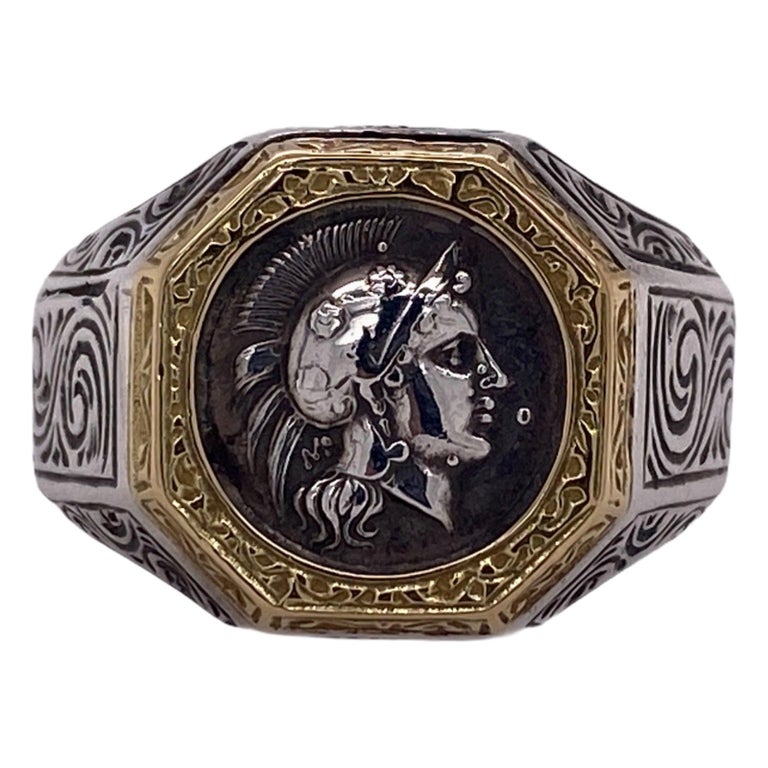 Konstantino Greek Coin Sterling Silver 18 Karat Yellow Gold Men's Ring ...