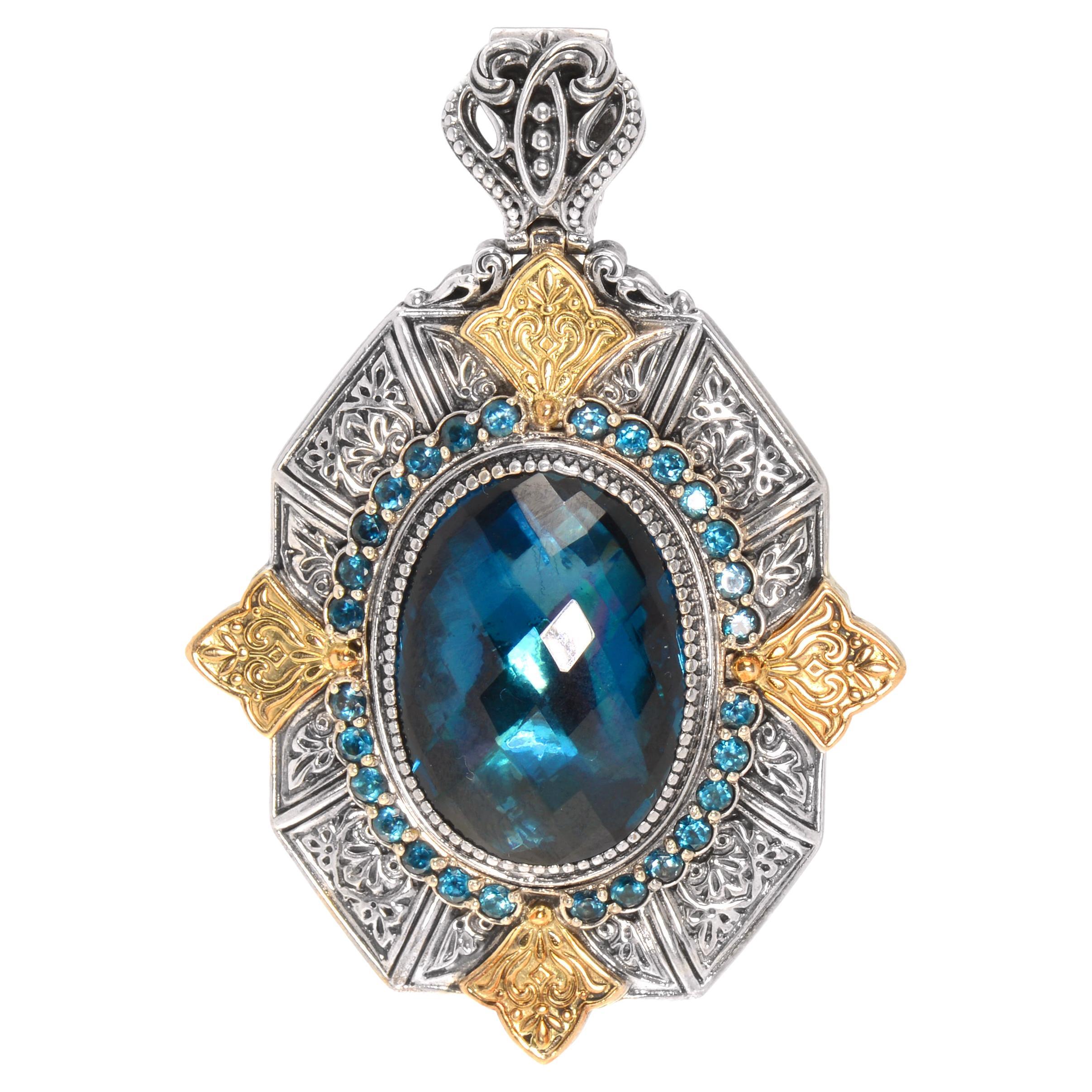 Sterling Silver 14K Yellow Gold Blue Topaz Caviar Pendant For Sale at ...