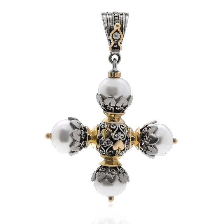 Konstantino Sterling Silver and 18k Yellow Gold, Pearl Cross Pendant ...