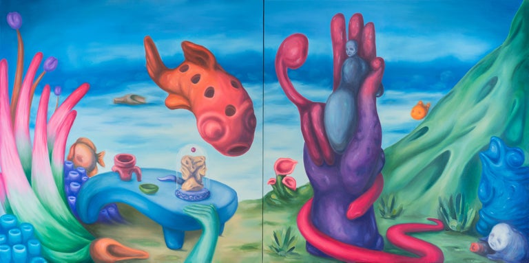 Kora Moya Rojo - Diptych, Surrealist, Figurative, Fish, Bright Colours ...