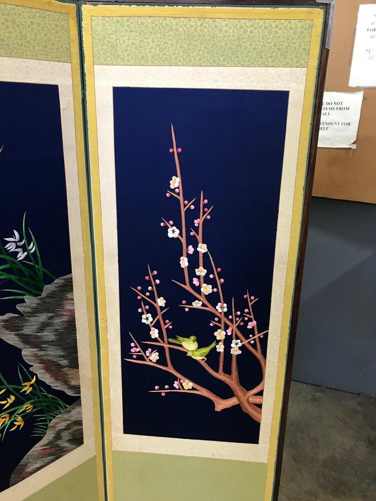 Korean Asian Large 8-Panel Silk Embroidered Byobu Bird Butterfly Screen ...