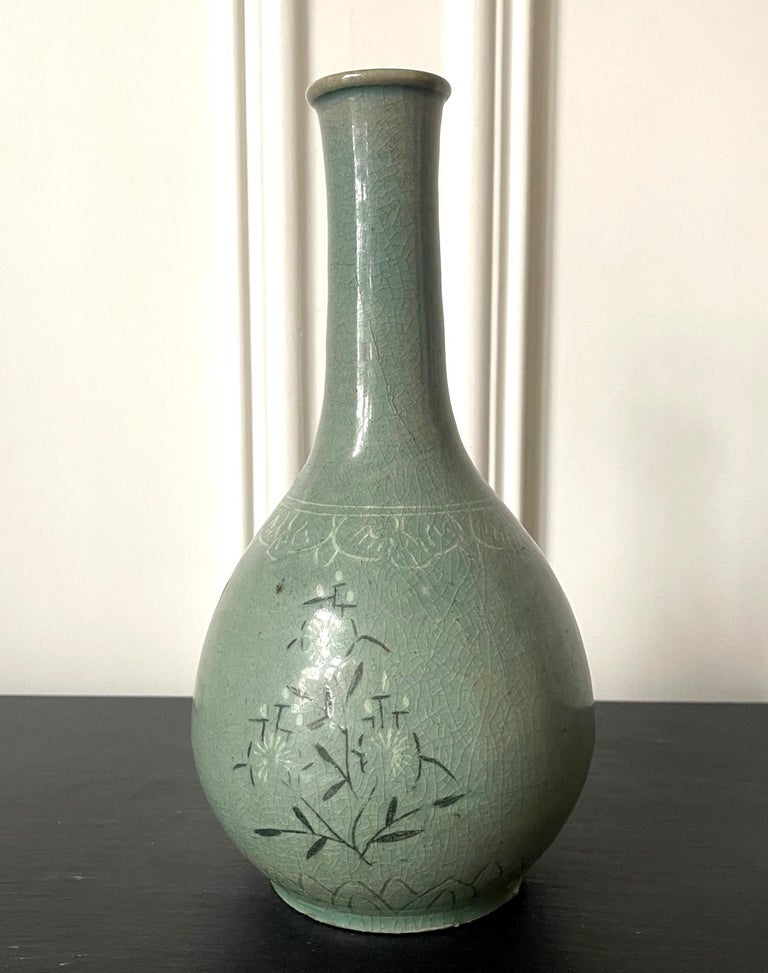 Korean Celadon Ceramic Long Neck Bottle Vase with Slip Inlay Goryeo Dynasty For Sale at 1stDibs